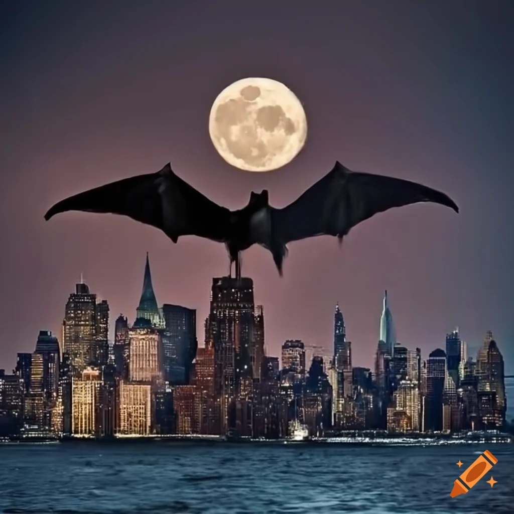 Giant bat flying over nighttime new york city skyline with full moon ...
