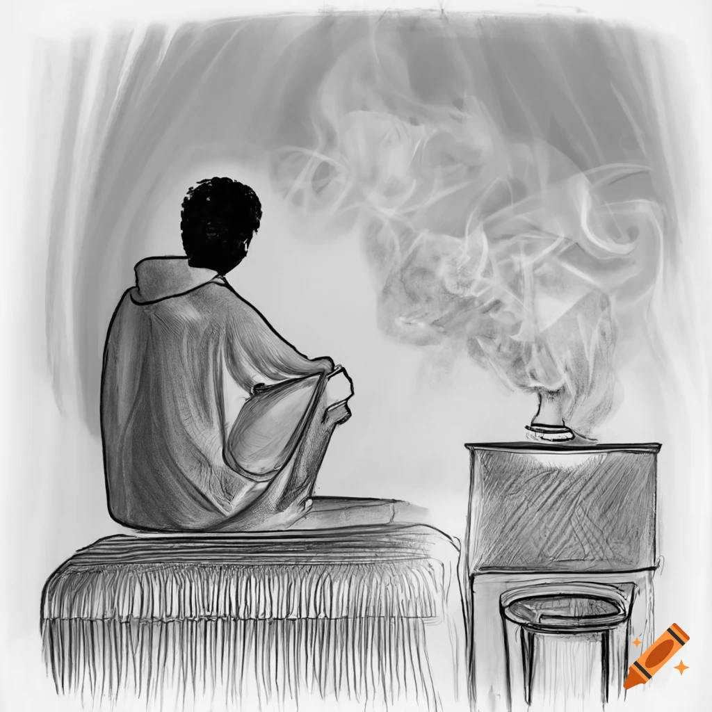 Pencil drawing of young adult with smoky bowl in bedroom on Craiyon