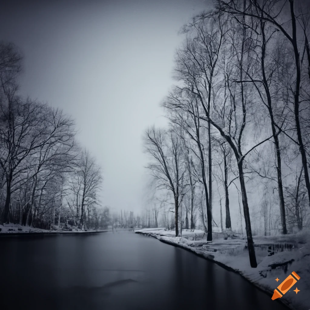Grainy holga photo of the grand river in michigan with snowy trees at ...