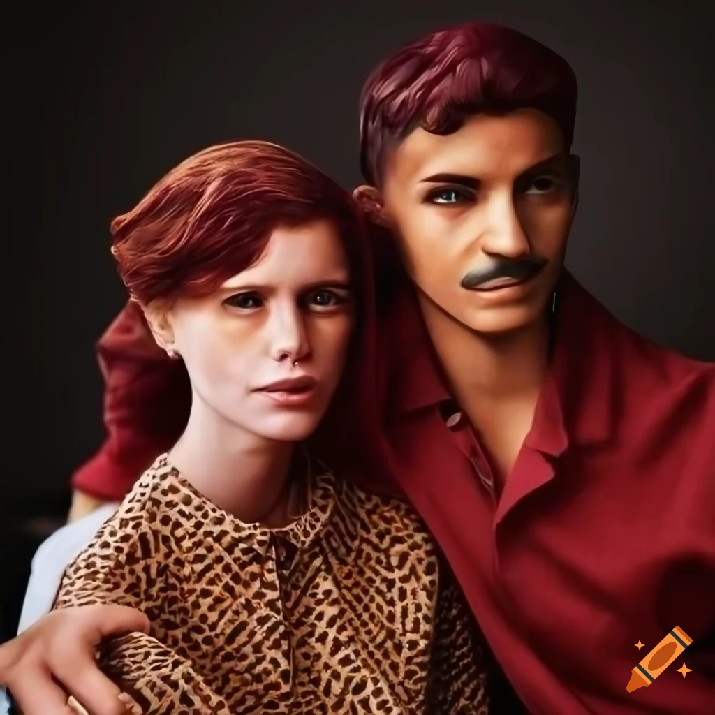 Humanoid family with pointed ears and maroon hair sitting in an outdoor ...