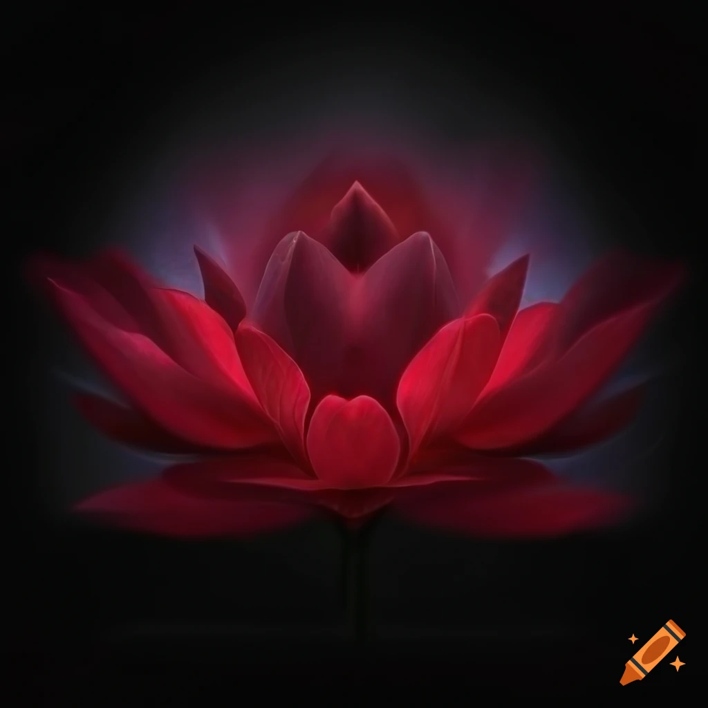 Dark red lotus flower on black background in symmetrical side view on ...