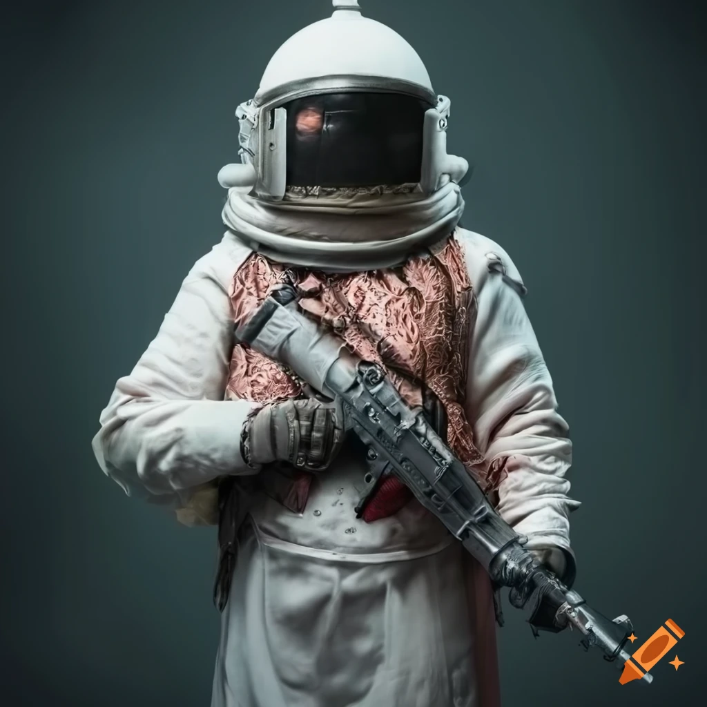 Medieval vampire spaceman in lace spacesuit holding a gun on Craiyon