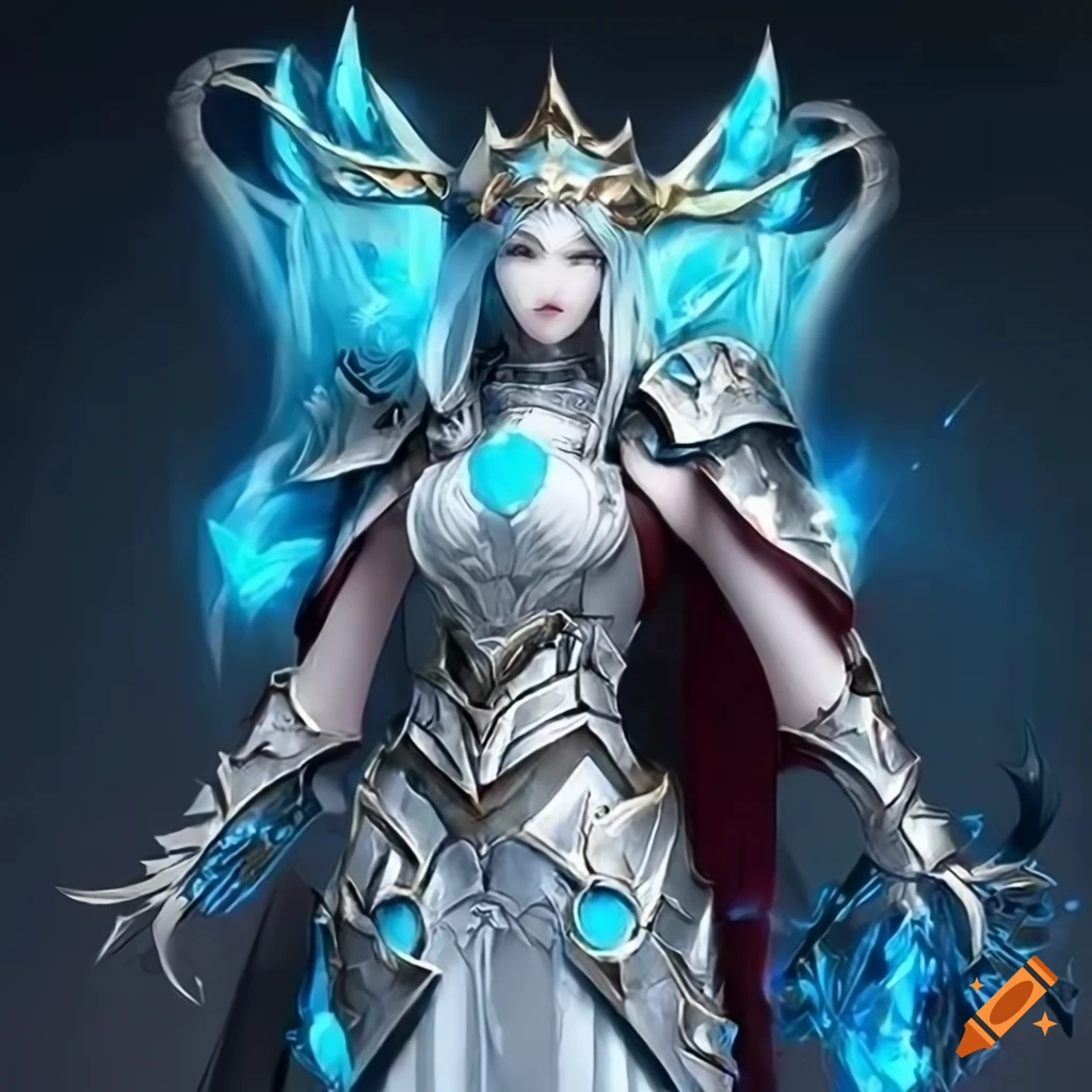 Anime goddess in icy armor with crystal brazier on Craiyon