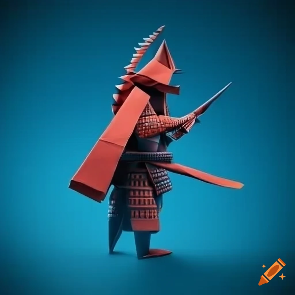 Origami high poly samurai on a blue wood background on Craiyon