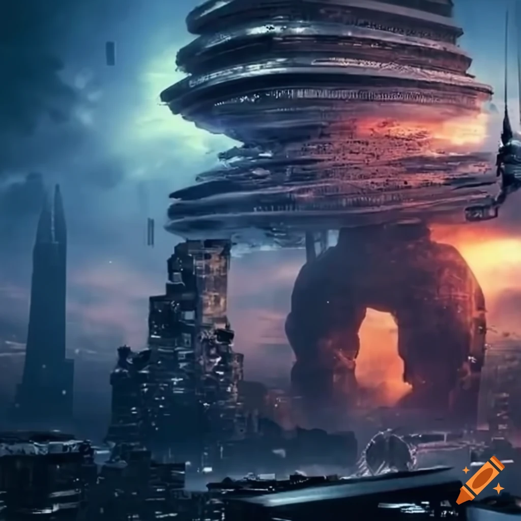 Giant mechanical beings battling in a futuristic city with explosions and crumbling buildings on ...