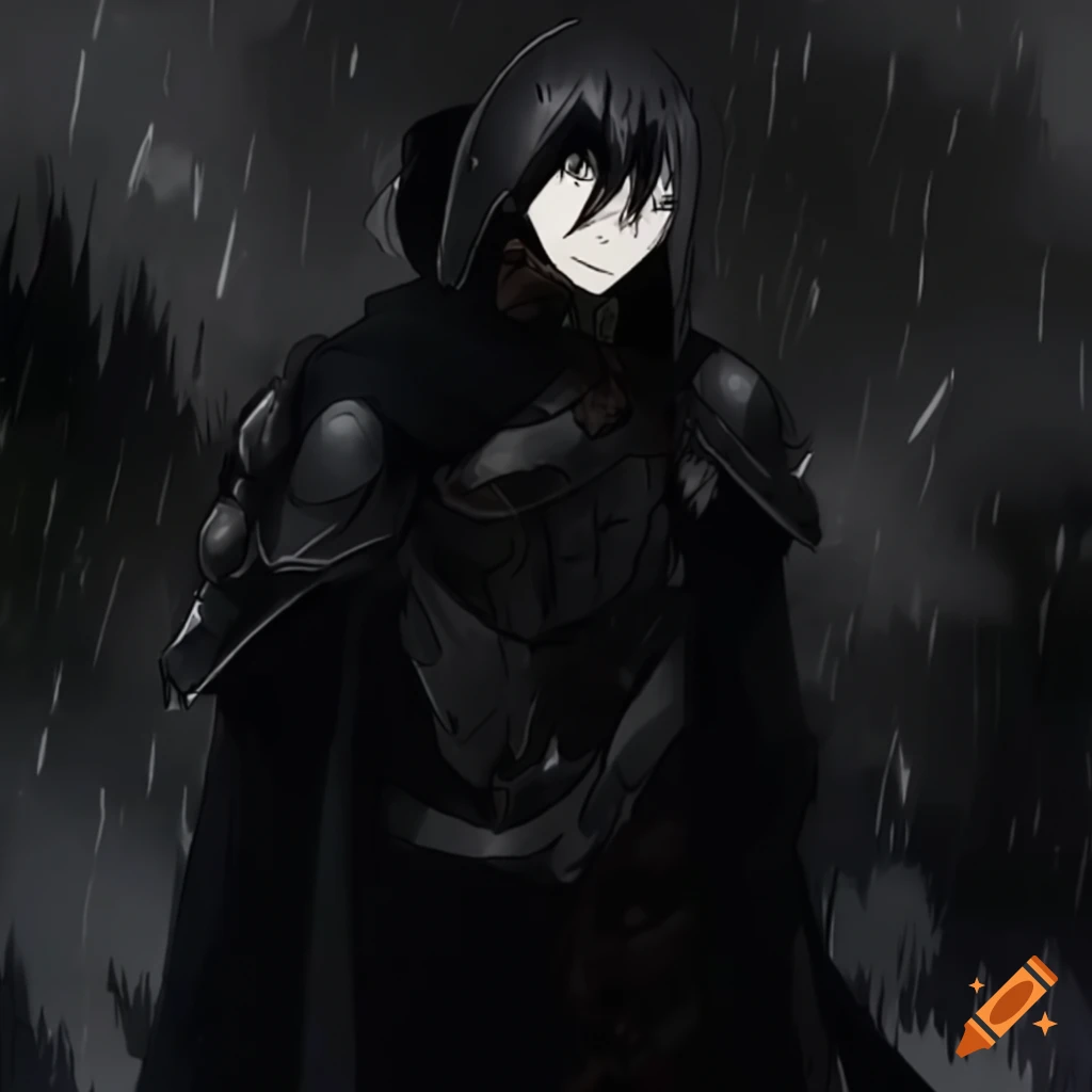 Anime knight in rain without helmet, long black hair, scarred face ...