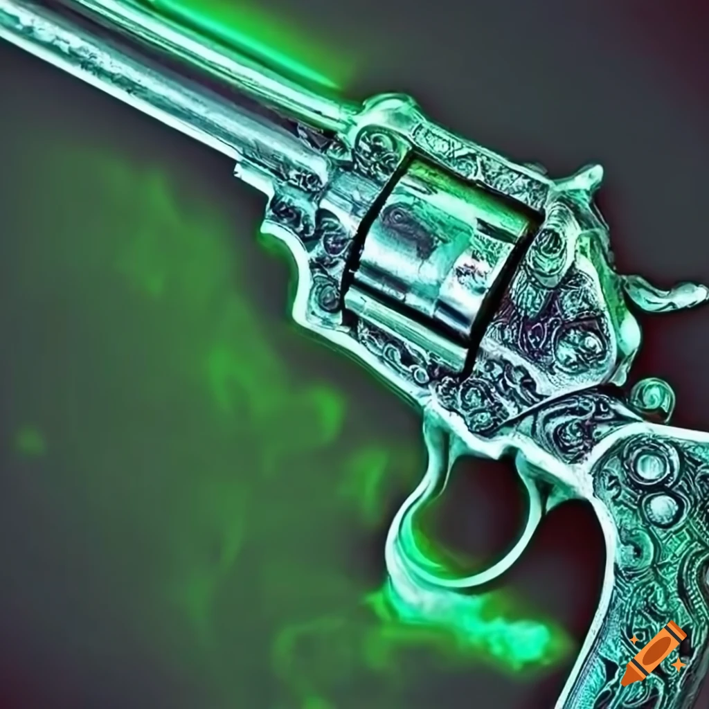 Futuristic paired revolvers with ancient pattern glowing green on Craiyon