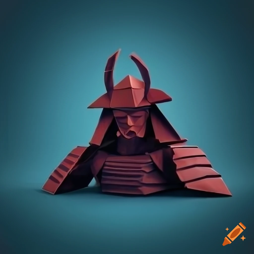 Origami high poly samurai on a blue wood background on Craiyon