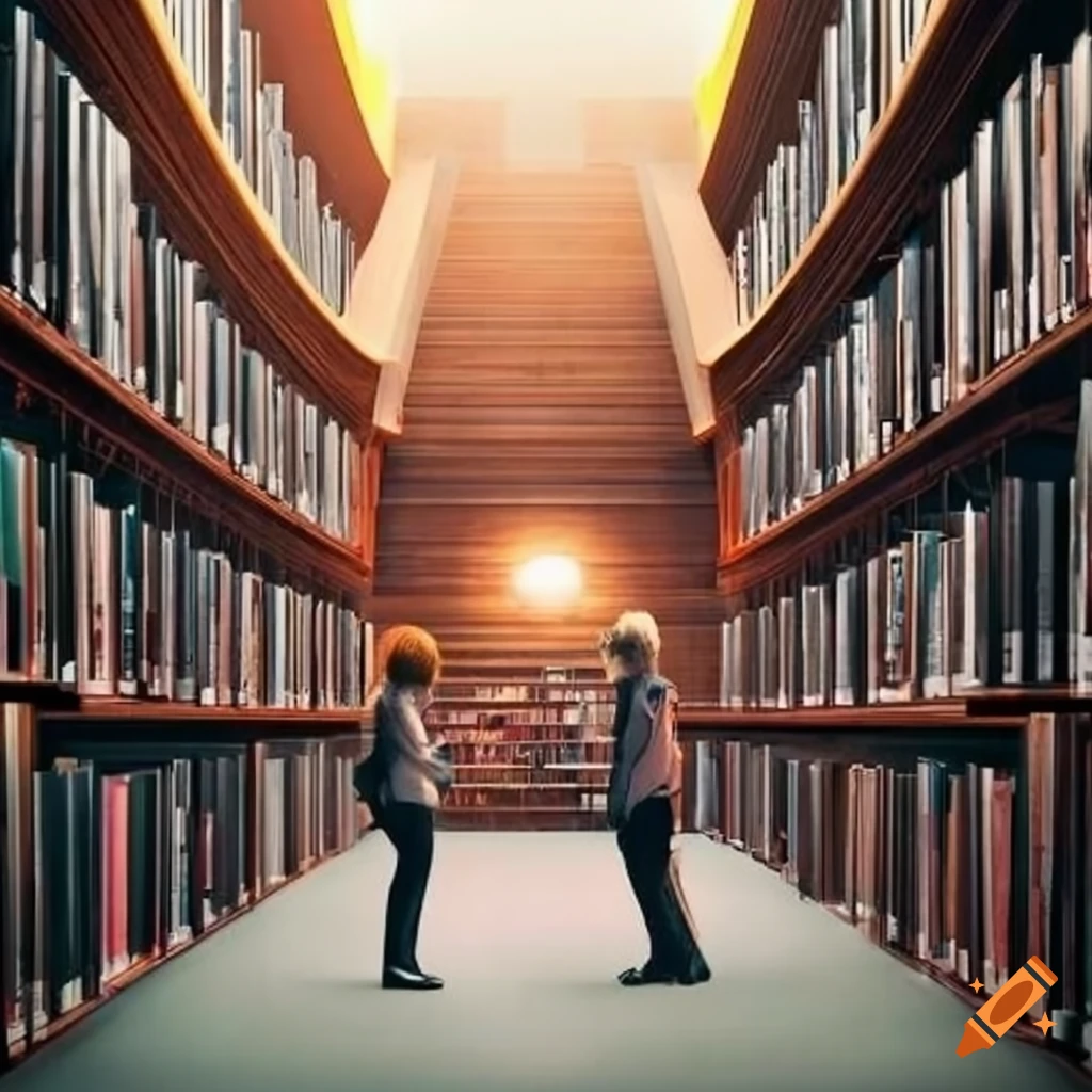Two architects having a discussion inside a library on Craiyon
