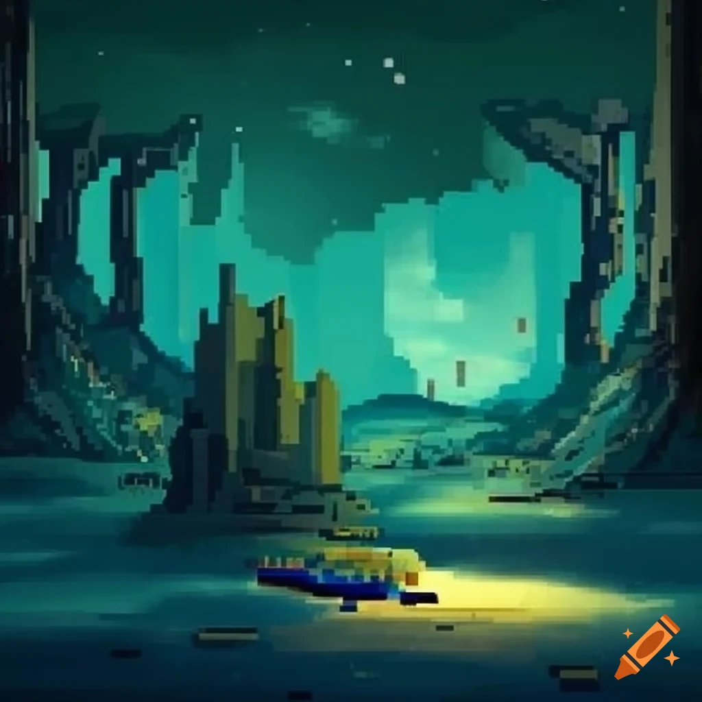 Pixel art style of a crashed spaceship in a dreamy forest on Craiyon