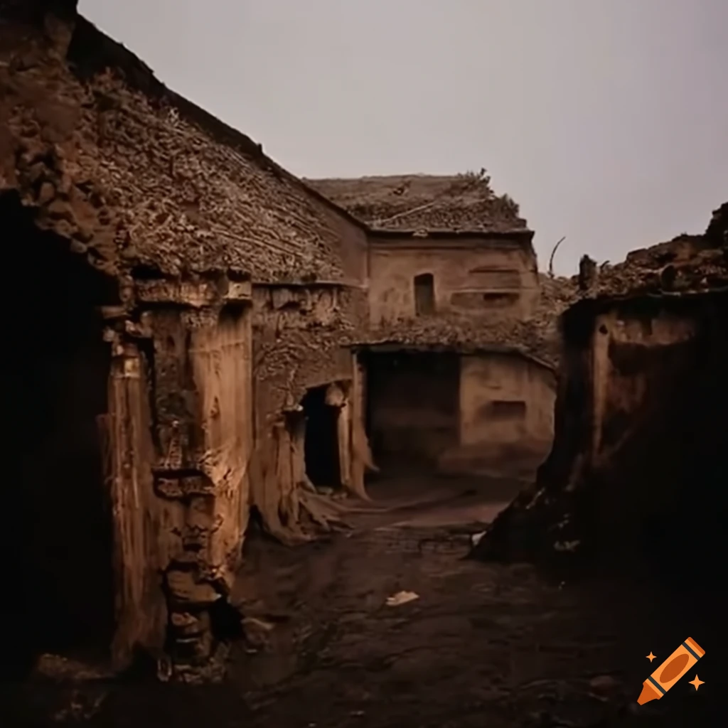Ancient Roman houses covered in ash during a volcanic eruption on Craiyon