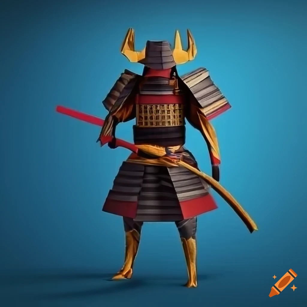 Origami high poly samurai on blue wood background on Craiyon