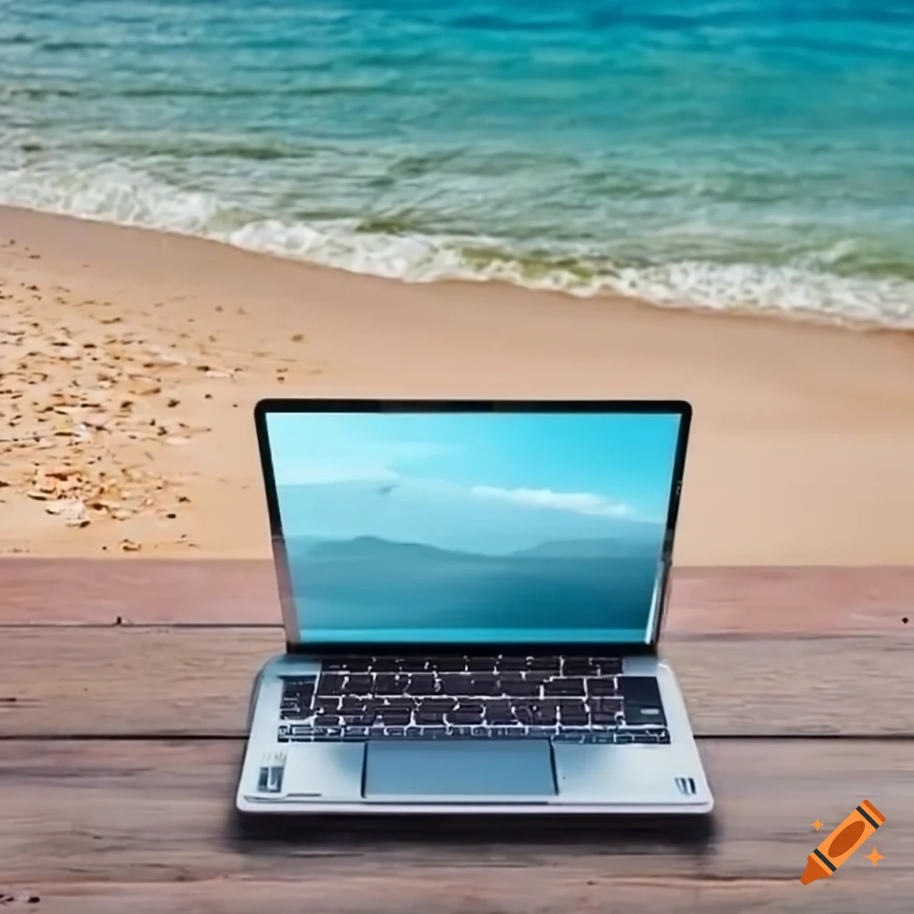 Laptop on beach table with sandy feet and ocean view on Craiyon