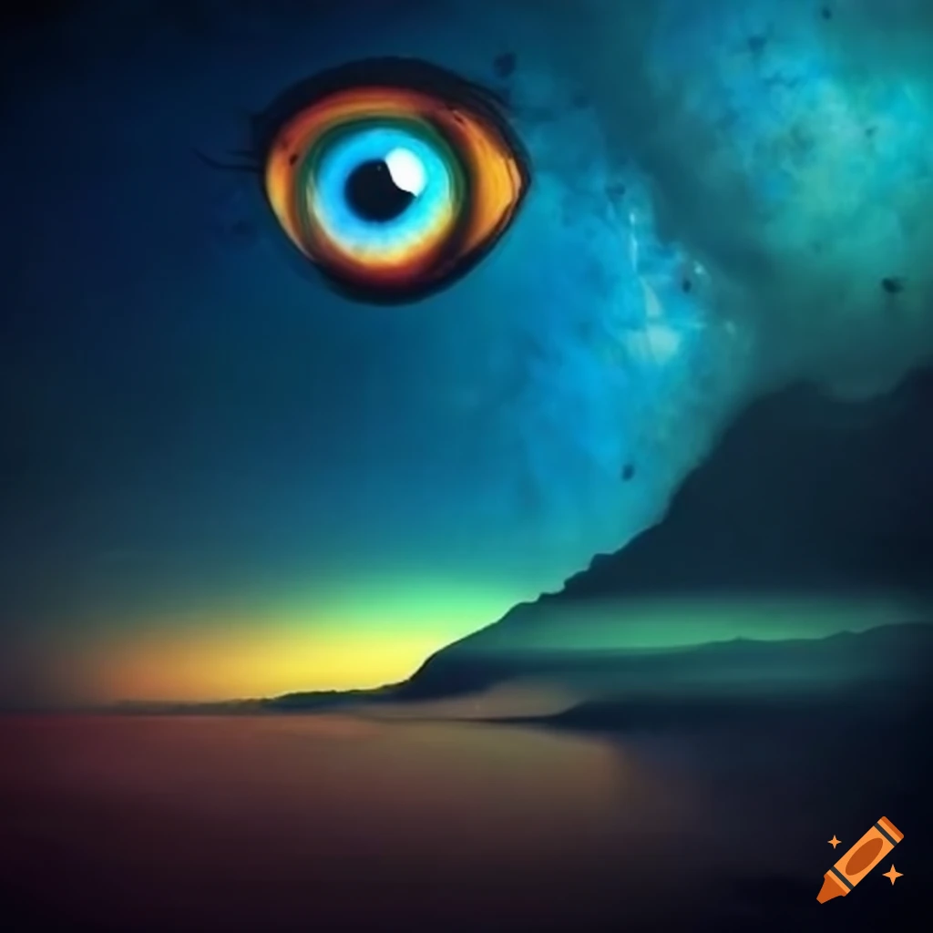 Giant eye eclipsing a surreal landscape symbolizing perception and ...