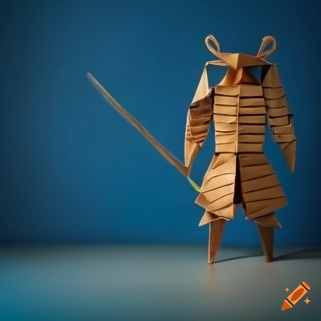Samurai origami in high poly style on a blue wood background on Craiyon