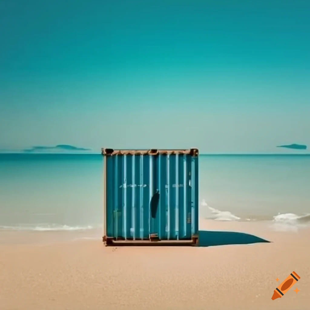 Shipping container on beach with shark in water on Craiyon