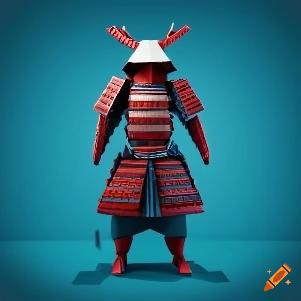 Origami high poly samurai on a blue wood background on Craiyon