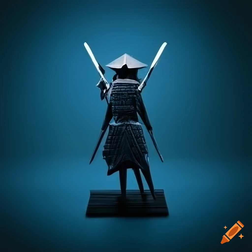 Origami high poly samurai on blue wood background on Craiyon