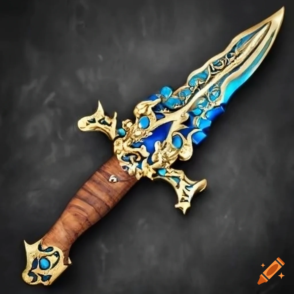 Fantasy dagger with oak wood handle and blue gold accents on Craiyon