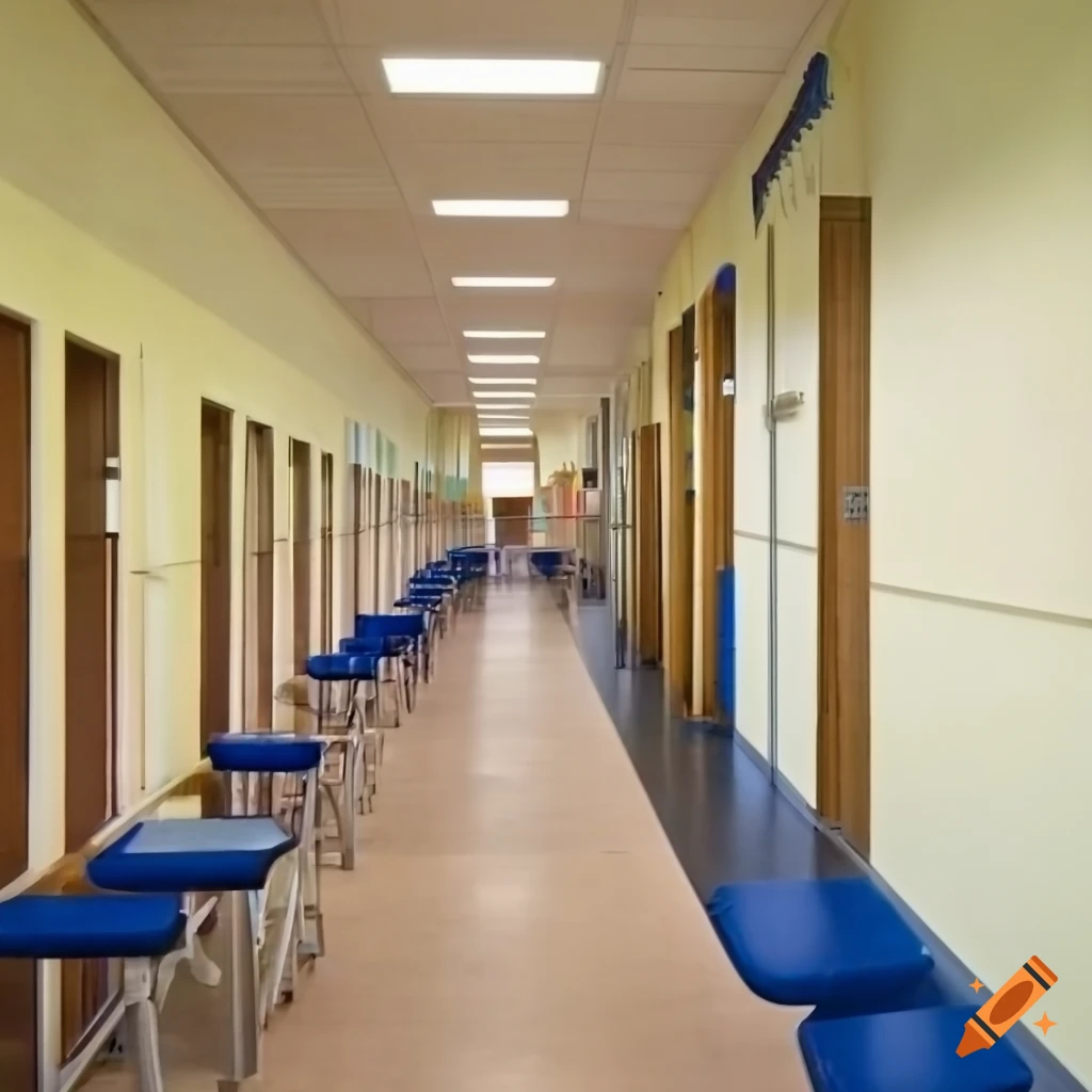 School corridor with classrooms and a hall on Craiyon