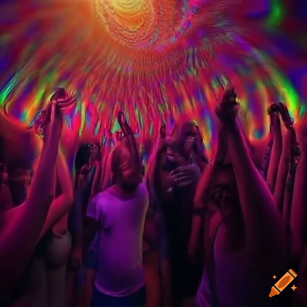 Trippy fractal rave crowd dancing to a dj on Craiyon