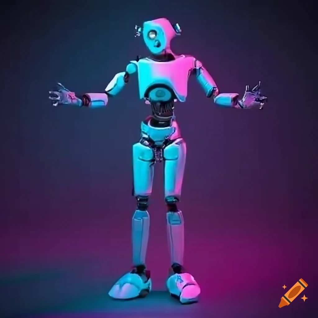 Humanoid Robot with symmetrically raised arms in vaporwave colors on ...