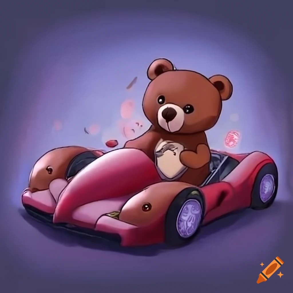 Teddy bear driving a race car on Craiyon
