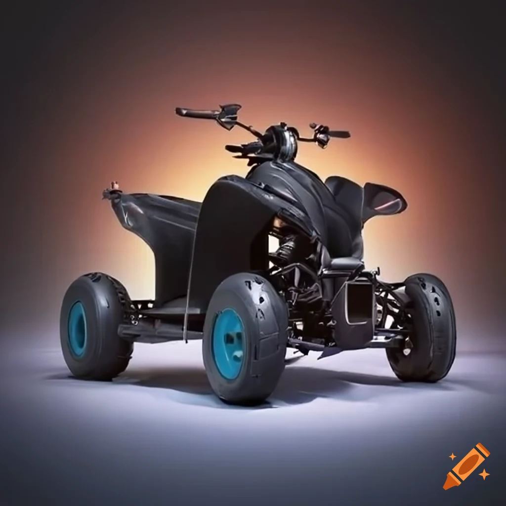 Quad bike in a futuristic space with high technology and a rocket on ...