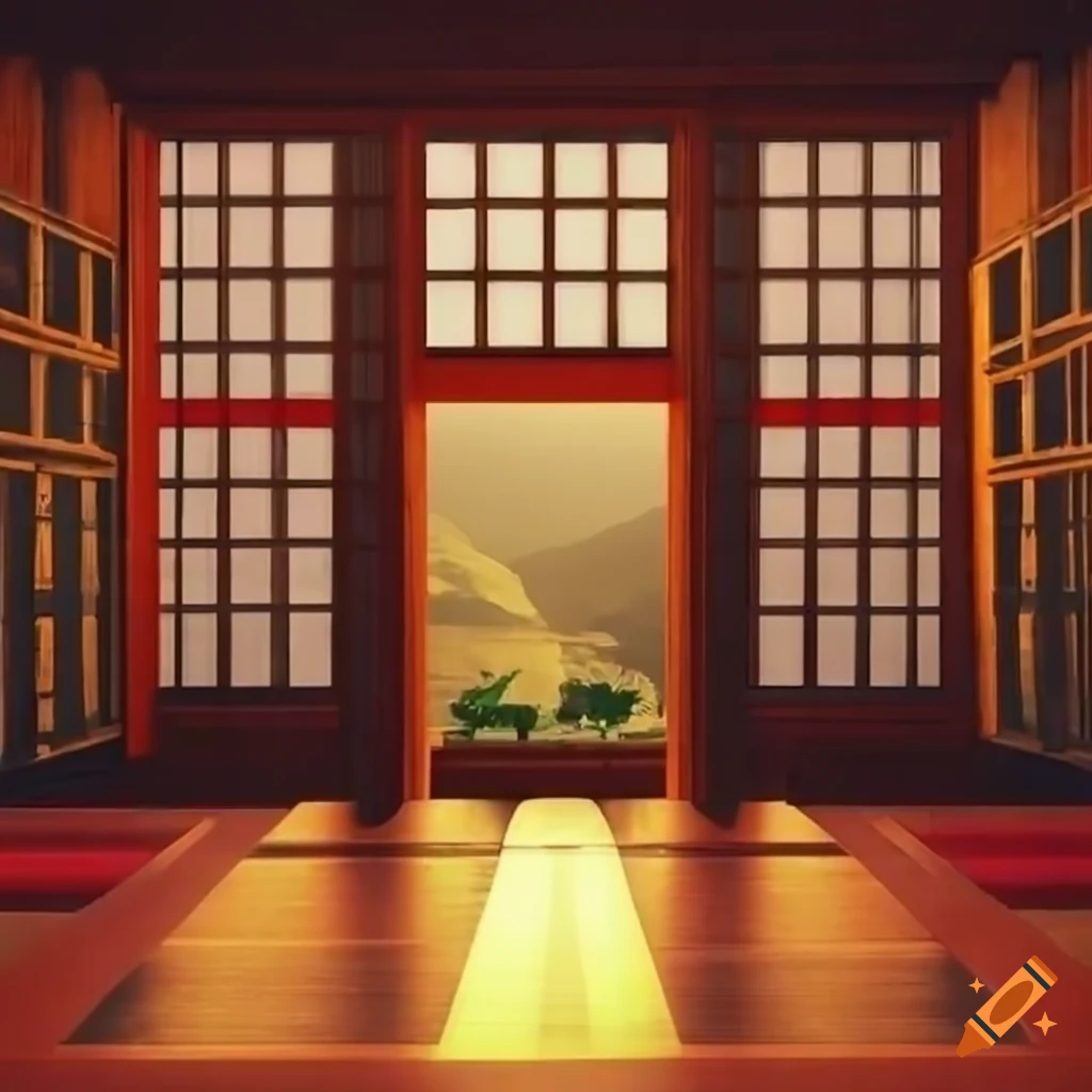 Interior view of a traditional martial arts dojo in the mountains with ...