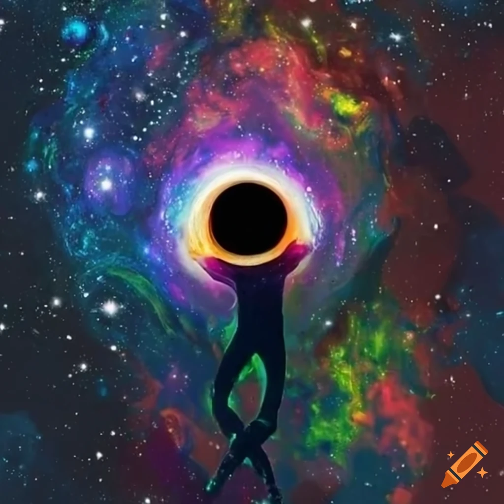 Human with galaxy head holding a black hole in space on Craiyon