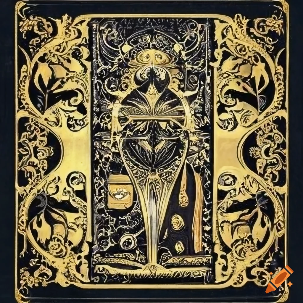 Ornamental black and gold tarot card back design on white background on ...