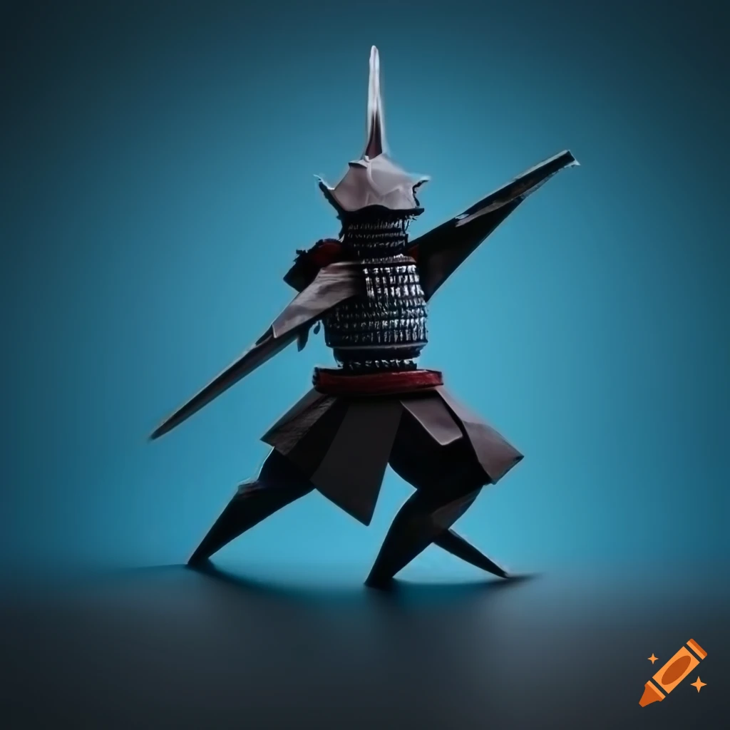 Origami samurai in high poly style on blue wood background on Craiyon