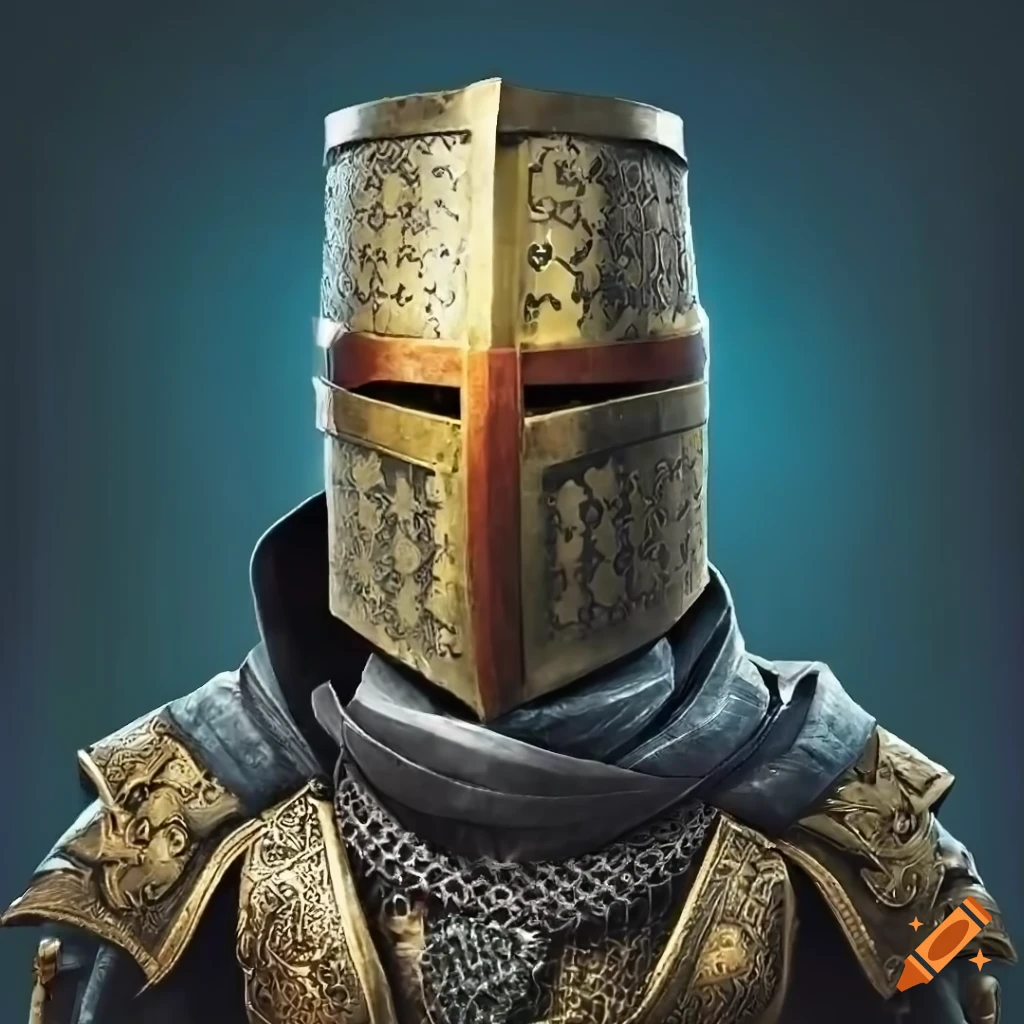 Photorealistic knight in red and golden tabard with antique crusader helmet on Craiyon
