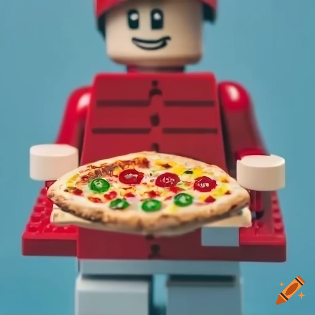 Cheerful lego person with a pizza on Craiyon