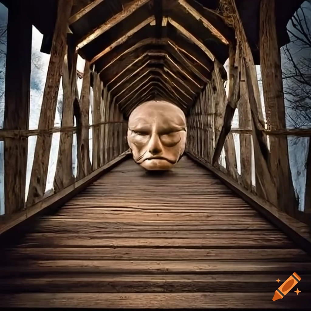 Old fashioned covered bridge with a giant human head sculpture on Craiyon