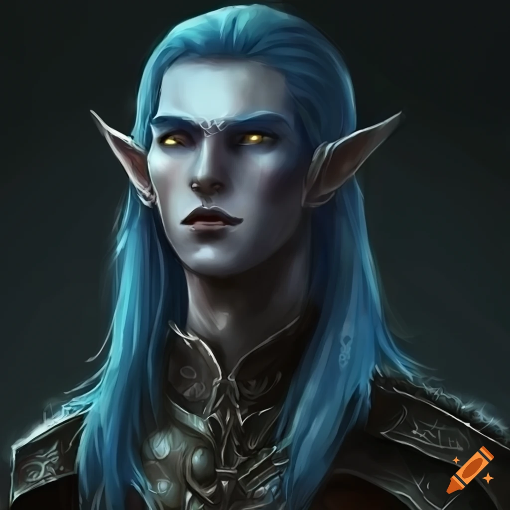 Warrior male elf with dark blue hair in a fantasy setting on Craiyon