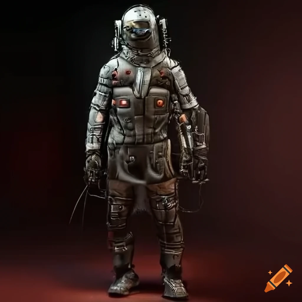 Post-apocalyptic cyborg in heavy metal-inspired space suit on Craiyon