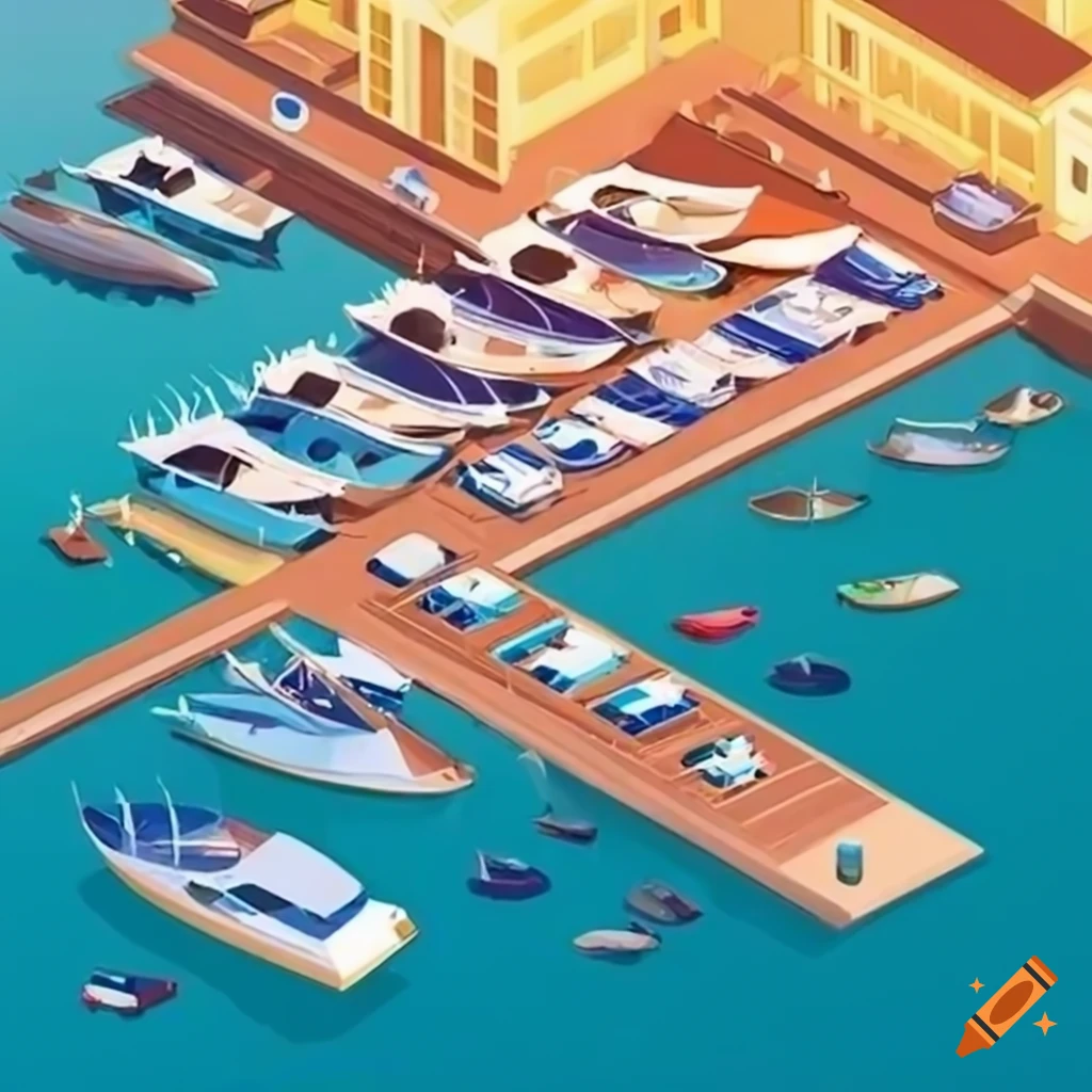 Isometric view of a yacht marina with beautiful boats on Craiyon