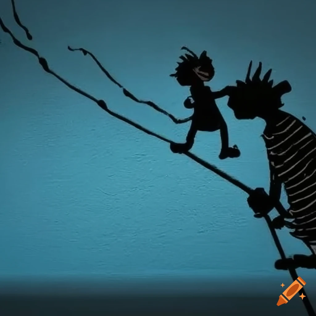 Shadow puppet theater with Calvin and Hobbes characters on blue wood background on Craiyon