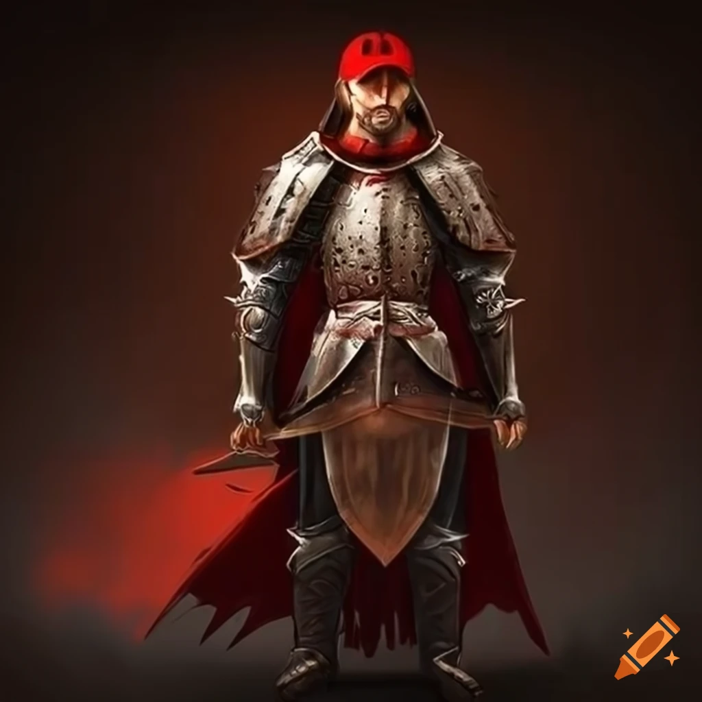 Fantasy warrior in armor with a red baseball cap on Craiyon
