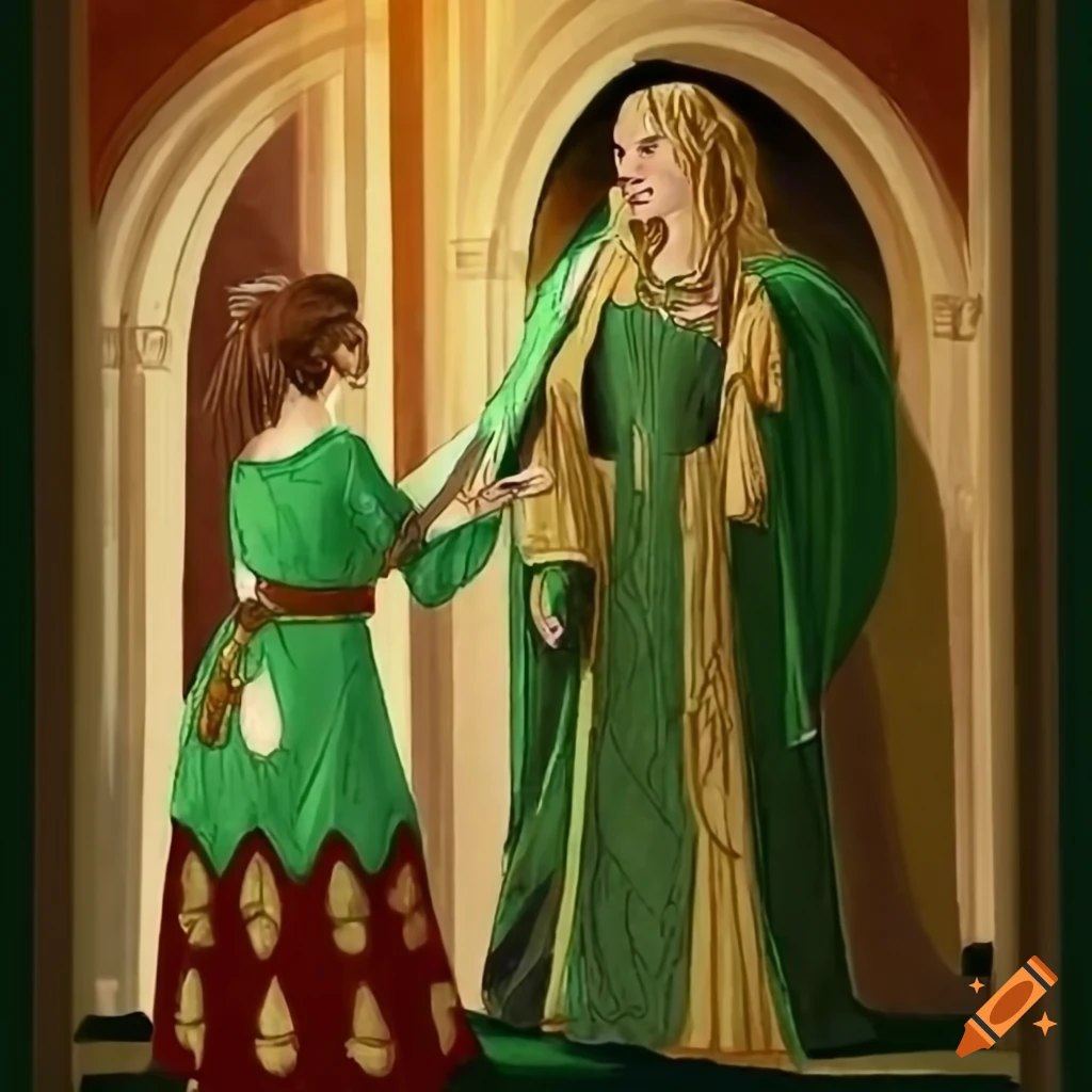 Gawain receiving the green sash from the Lady in 1170 AD artwork on Craiyon