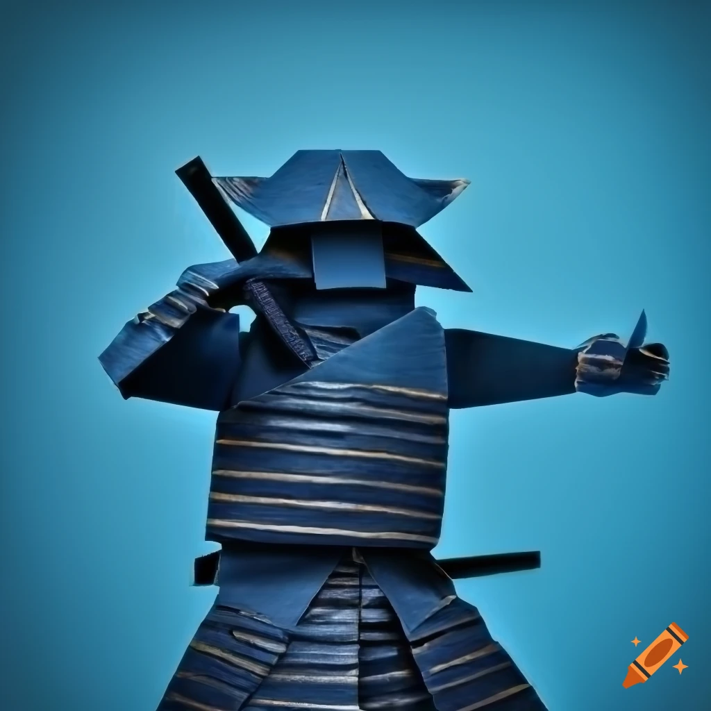 Origami high poly samurai on a blue wood background on Craiyon