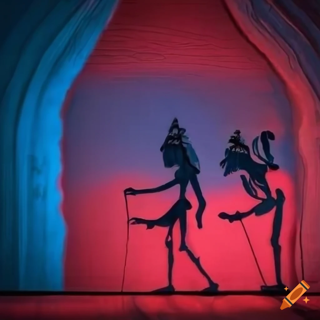 Shadow puppet theater performance on a red and blue wooden background ...