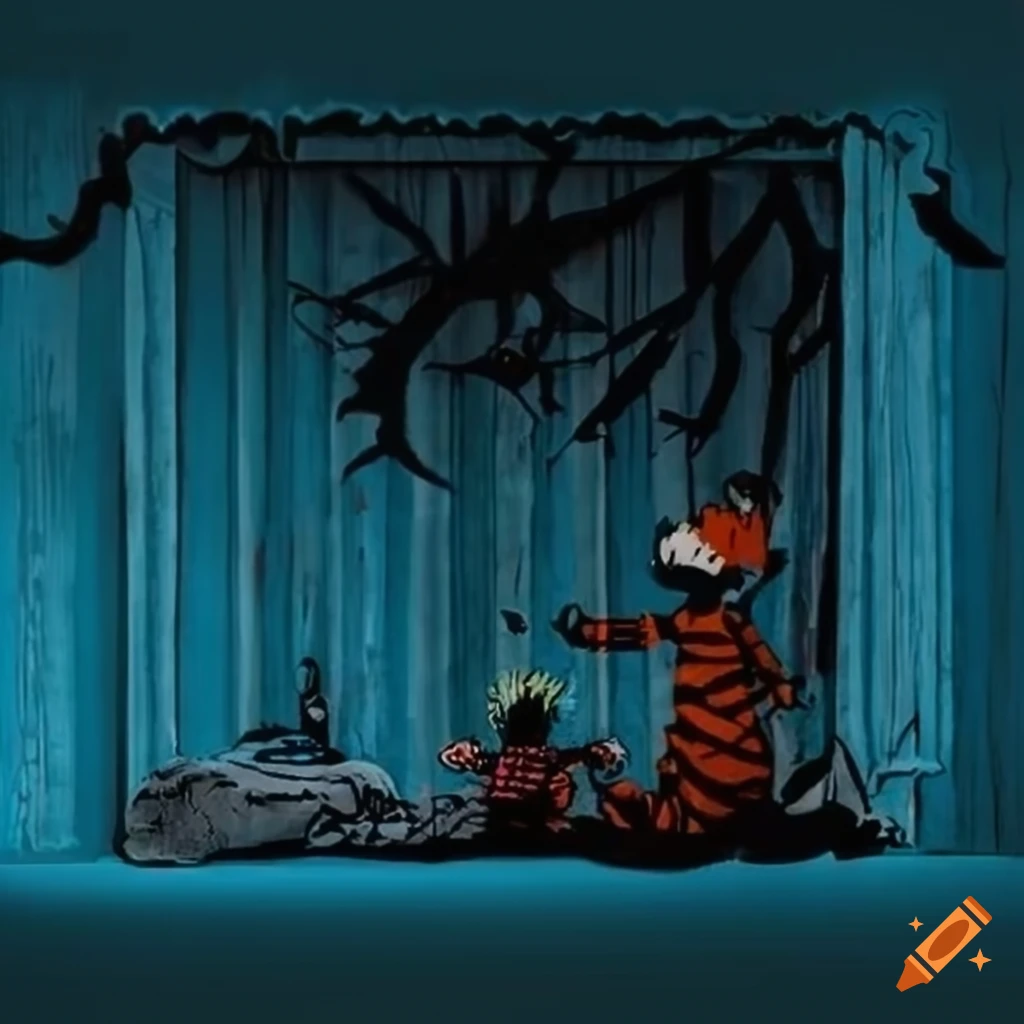 Shadow puppet theater featuring calvin and hobbes on a blue wooden background on Craiyon