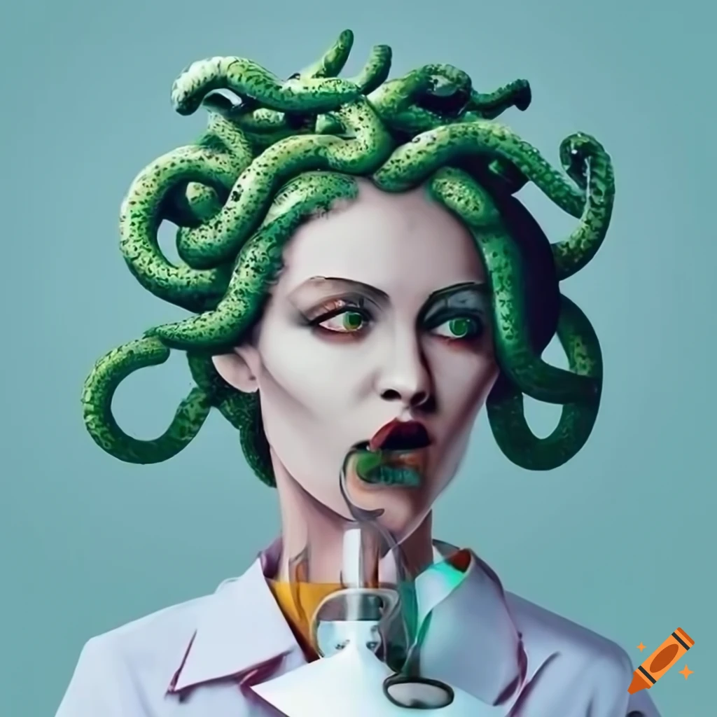Mythological Medusa in lab coat with remedy symbol on Craiyon
