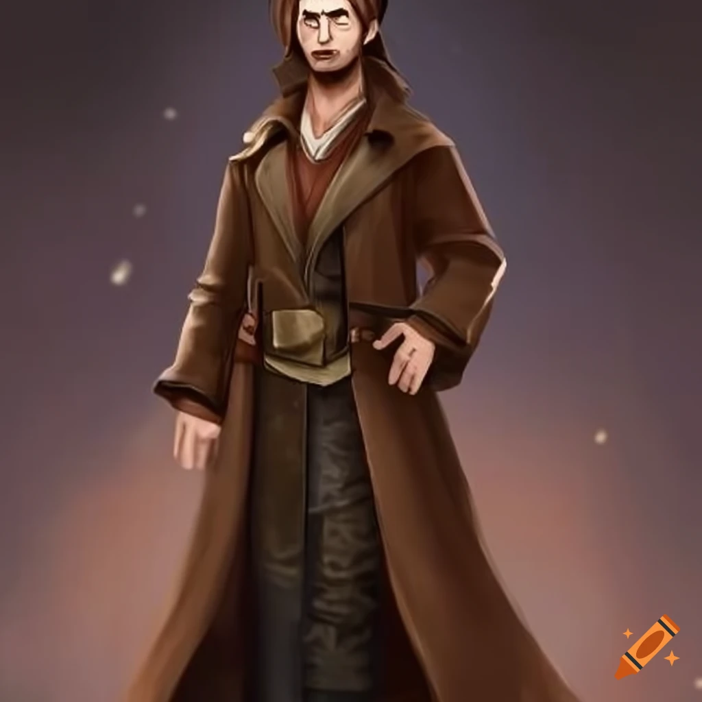 Male adventuring wizard in a brown coat with wolf cut hair on Craiyon