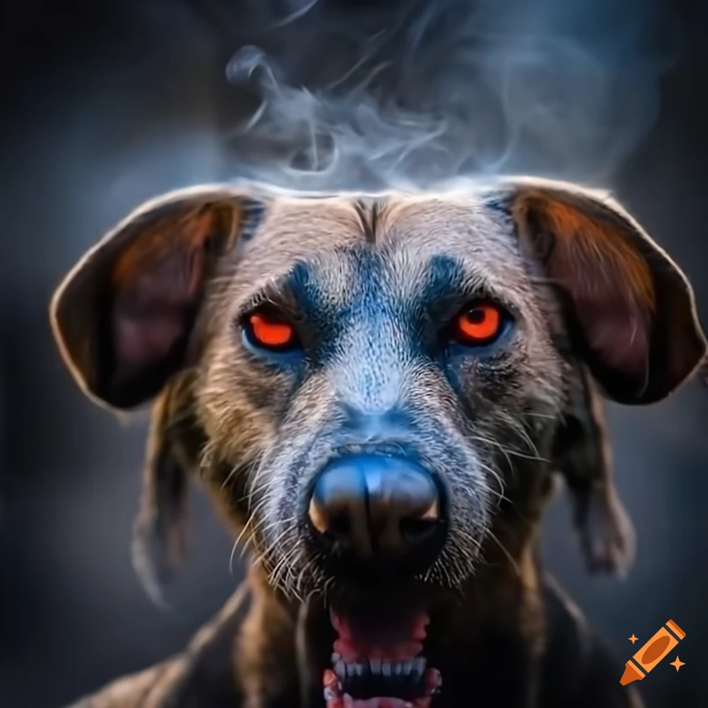 Angry dog with red eyes and bared teeth exhaling smoke on Craiyon