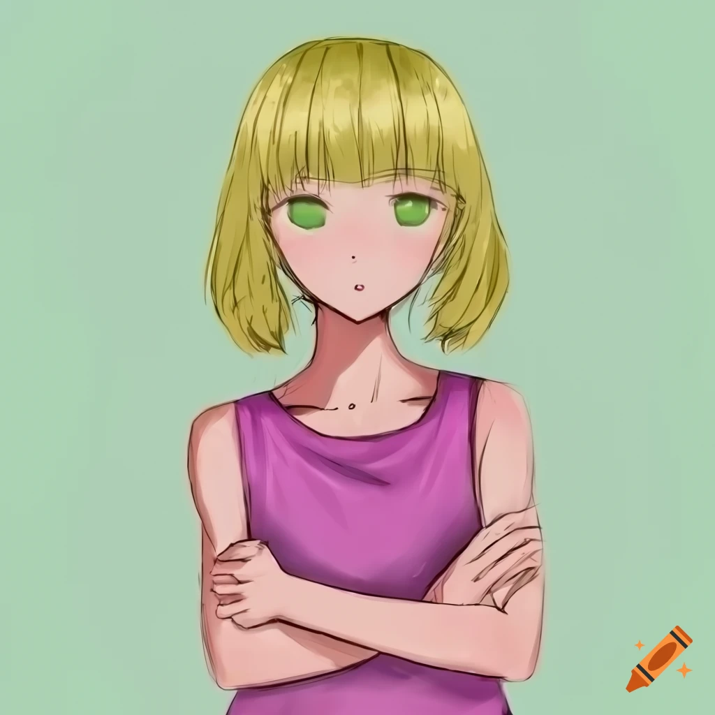 Anime Girl With Blonde Hair And Green Eyes In A Light Pink Sleeveless T
