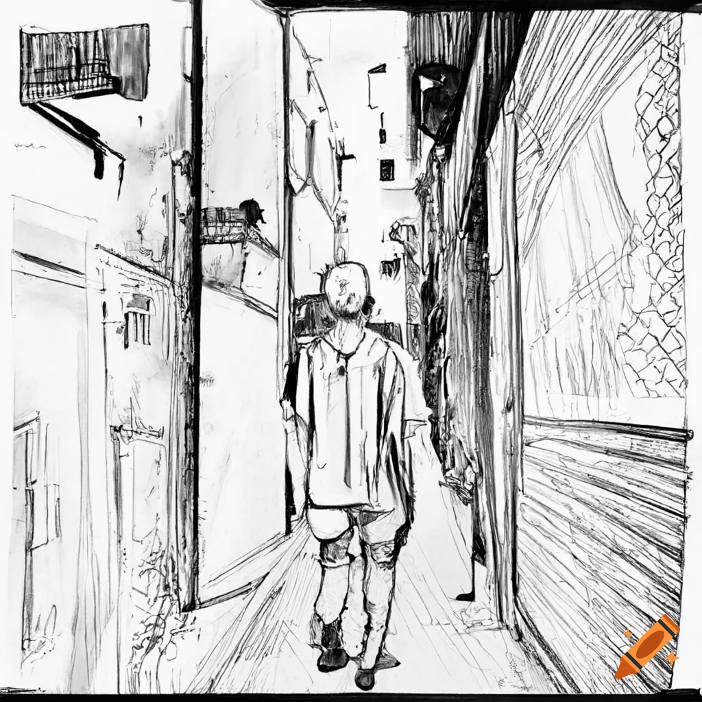 Drawing of a man standing on a street on Craiyon