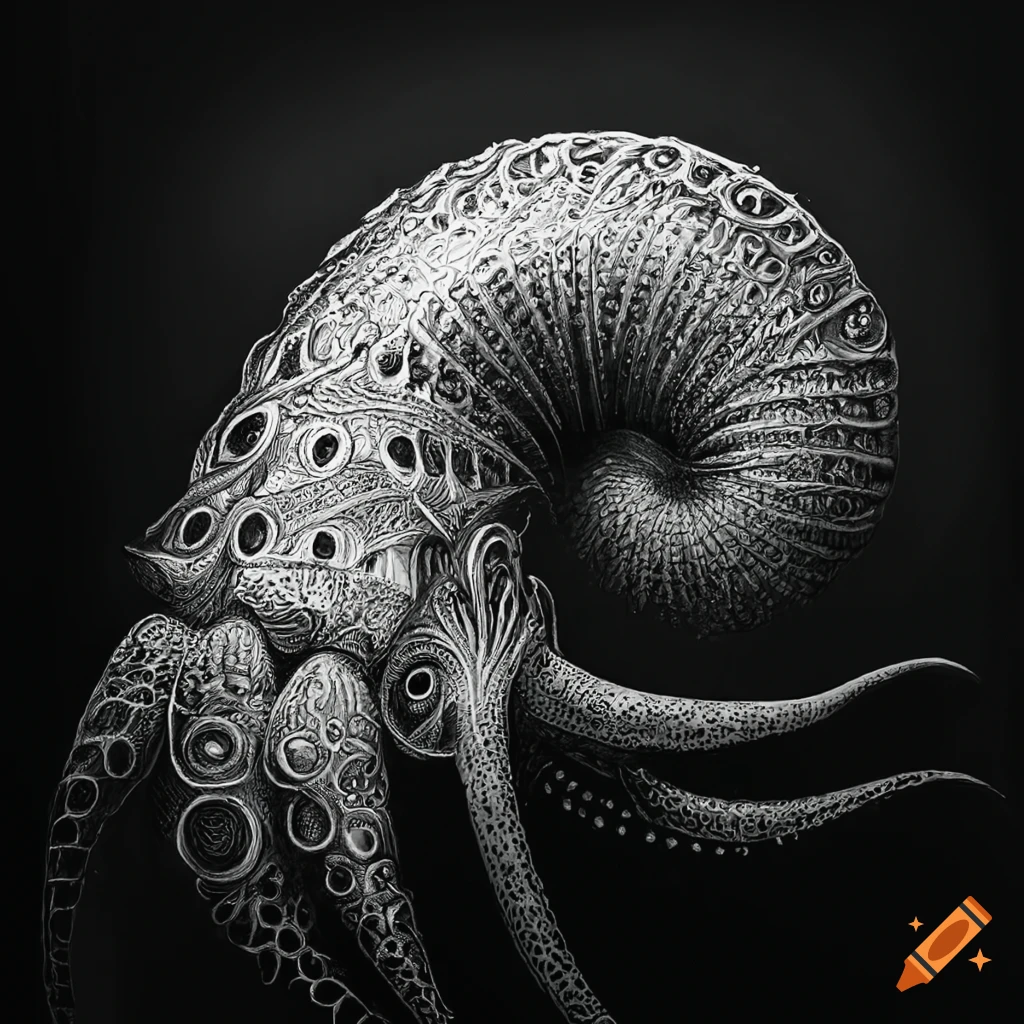 Monochrome painting of a colossal squid with intricate shell details on ...